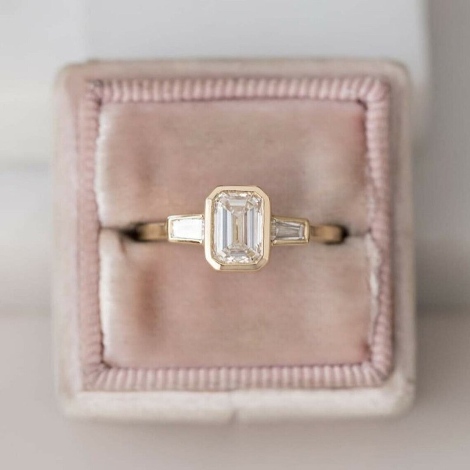 Three Stone Silver Bezel Set Emerald Cut Moissanite Engagement Ring For ...