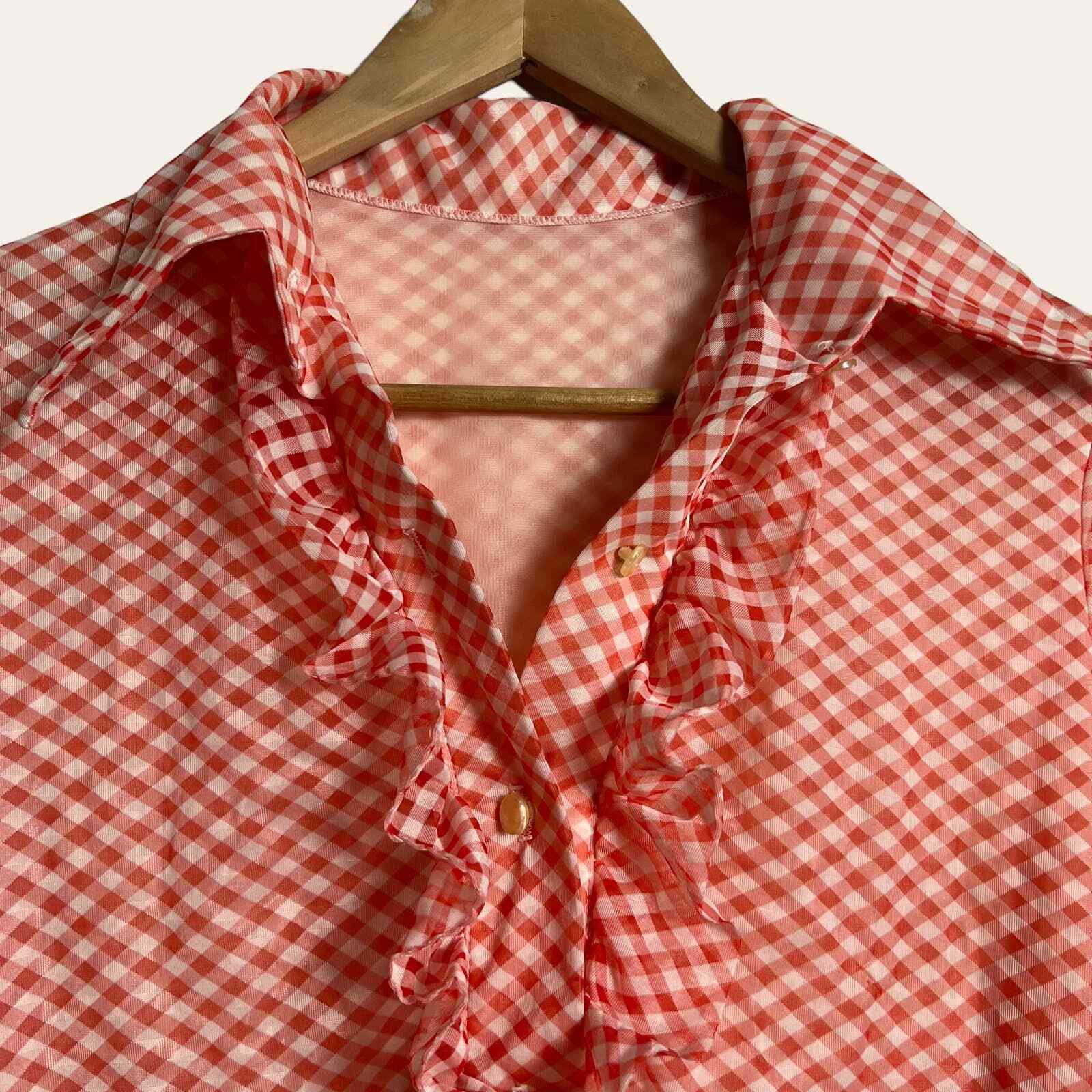 70’s Vintage Red Gingham Check Print Ruffle Front Col… - Gem
