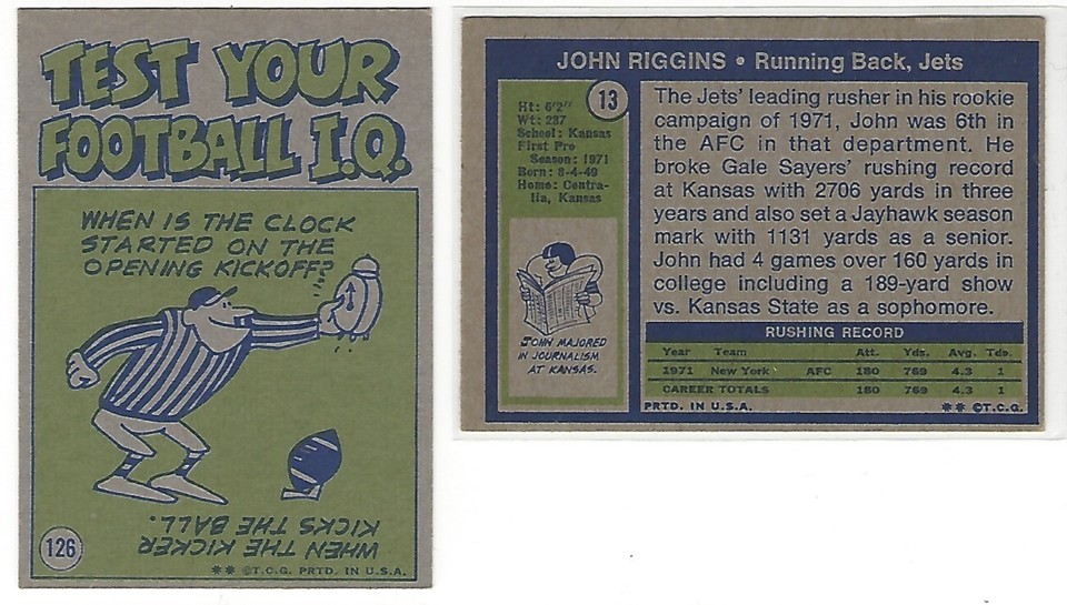 JOHN RIGGINS Rookie 1972 Topps Football RC #13 & Pro Action Card #126 ...