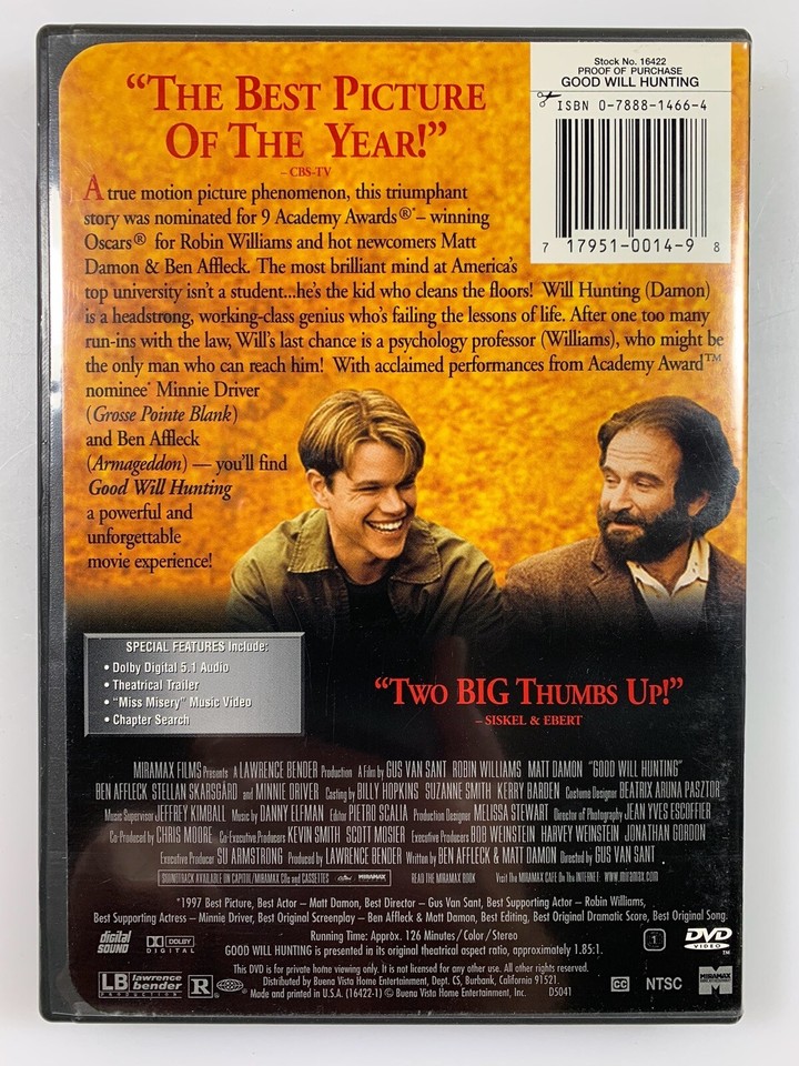 GOOD WILL HUNTING DVD MOVIE Robin Williams / Matt Damon / Minnie Driver ...