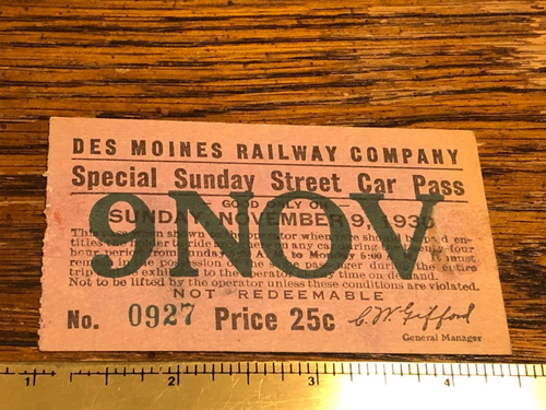 1930 Des Moines Railway Railroad Train Ticket IA Sunday Street Car Pass ...