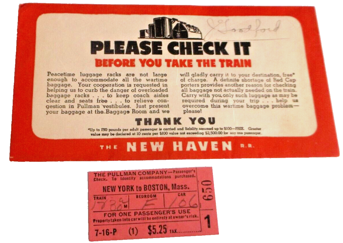 1949 NEW HAVEN RAILROAD BOSTON PULLMAN TICKET AND ENVELOPE | eBay