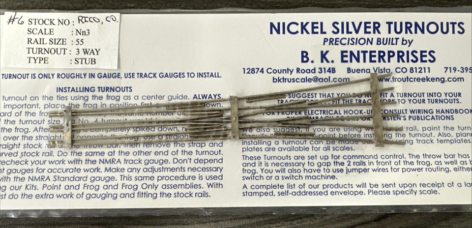 BK Enterprises Nn3 or Z Scale 3-Way Stub Turnout Code 55 Nickel Silver ...