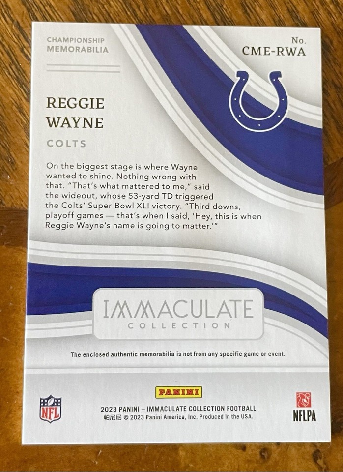 2023 Immaculate Reggie Wayne Jersey Patch /99 Championship Materials SP ...