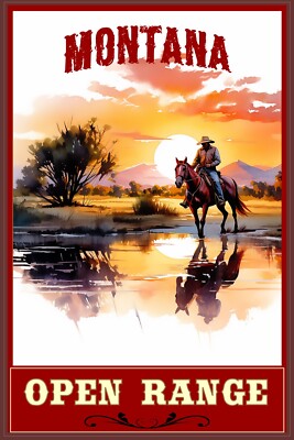 Cowboy & His Horse Montana Open Range Wall Art Painting Travel Poster ...