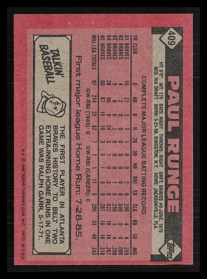 Paul Runge 1986 Topps #409 Braves | eBay