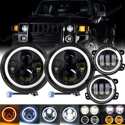 Fit Hummer H3 H3T 06-10 7" INCH Halo LED Headlight DRL & 4" Fog Lights ...