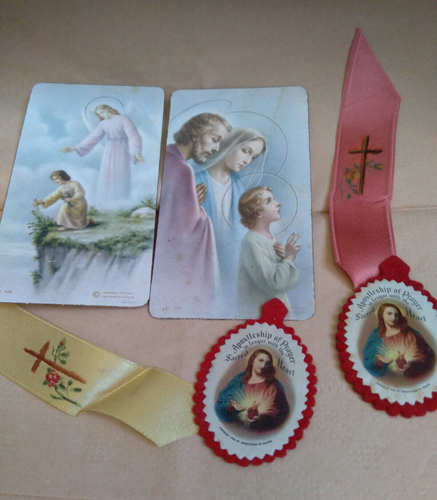 Vintage Catholic Holy Cards + 2 Sacred Heart Badges + home made ribbon ...
