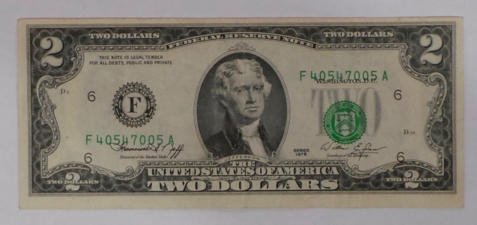 Bicentennial 1976 $2 Two Dollar Bill Note Misaligned Over Print Seal ...
