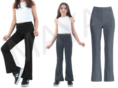 Girls Bootleg School Trousers Pull Up Ribbed Fabric Elasticated Waist ...