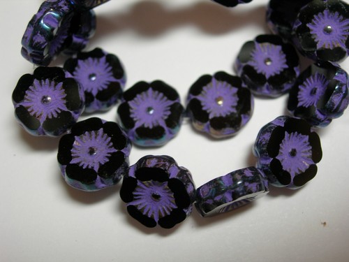 12 beads - Black with a Purple wash Czech Glass Flower Beads 12mm | eBay