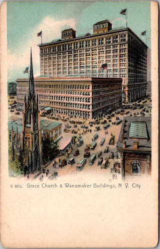 Postcard~Grace Church & Wanamaker Building, NY~ Horse Carriages~ Flags ...