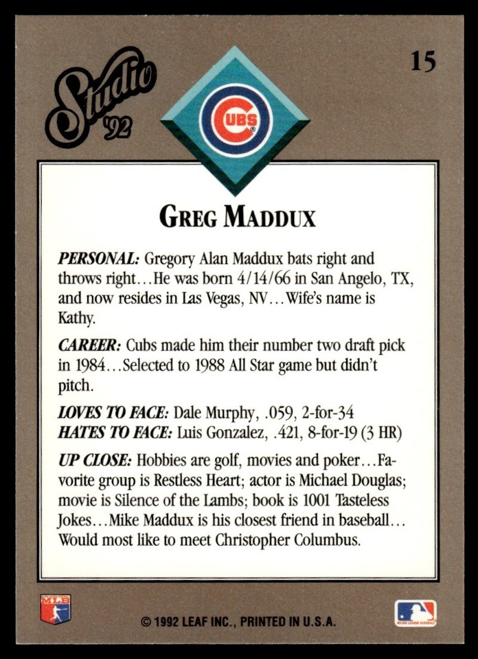 1992 Studio Baseball Card Greg Maddux Chicago Cubs #15 | eBay