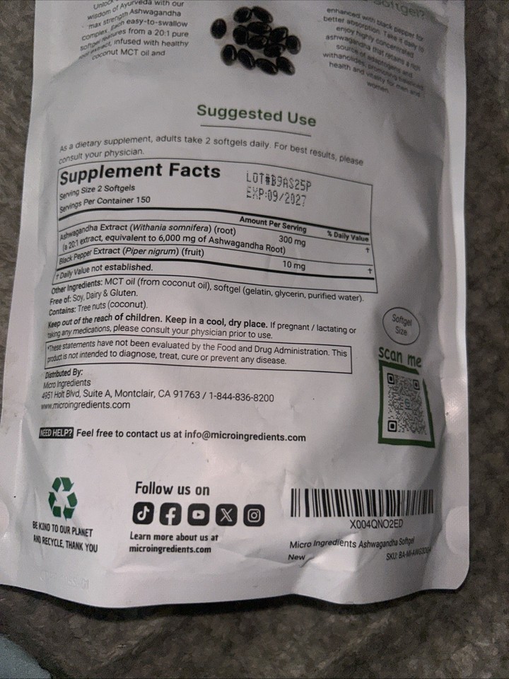 Micro Ingredients ~ Ashwagandha ~ 300 Softgels ~ Sealed ~ Exp.09/2027 ...