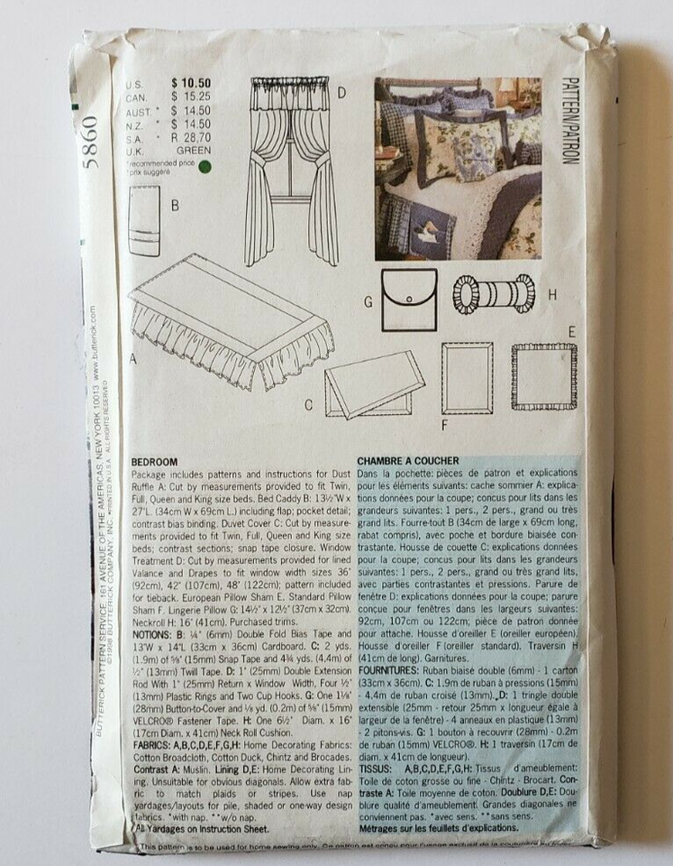 Butterick 5860 Waverly Dust Ruffle Duvet Cover Sewing Pattern Twin to ...