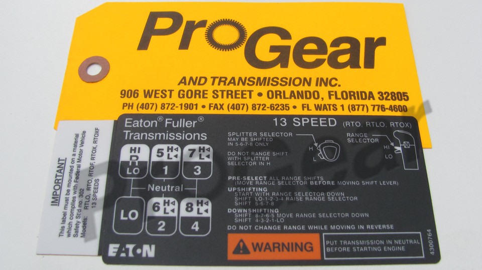 Eaton Fuller RTO RTLO 13 Speed Transmission Shift Pattern Decal 4300764 ...