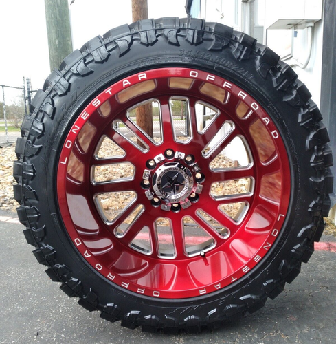 22" Brushed Red Lonestar Tomahawk Wheels 22x12 8x6.5 -44 Ram 2500 35 MT ...