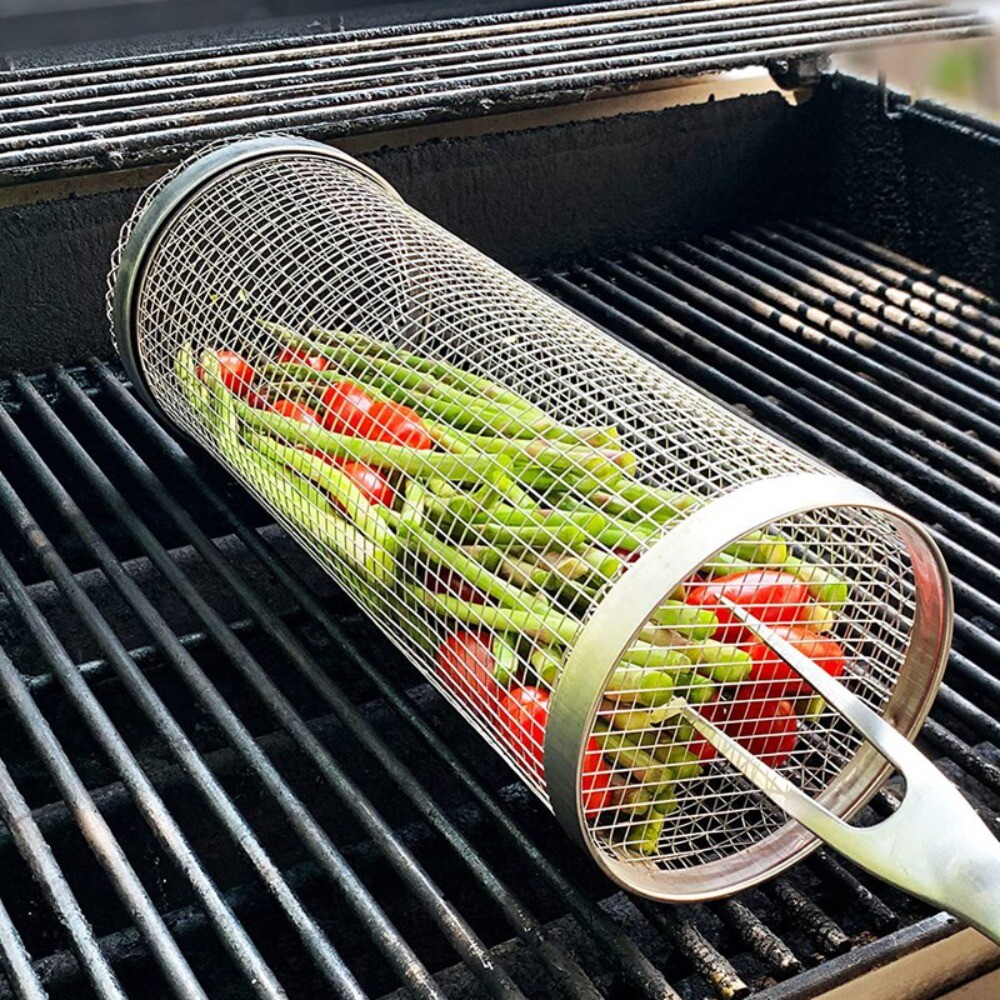 Rolling Grill Basket BBQ Net Cylinder Barbecue Grilling Meat Vegetables ...