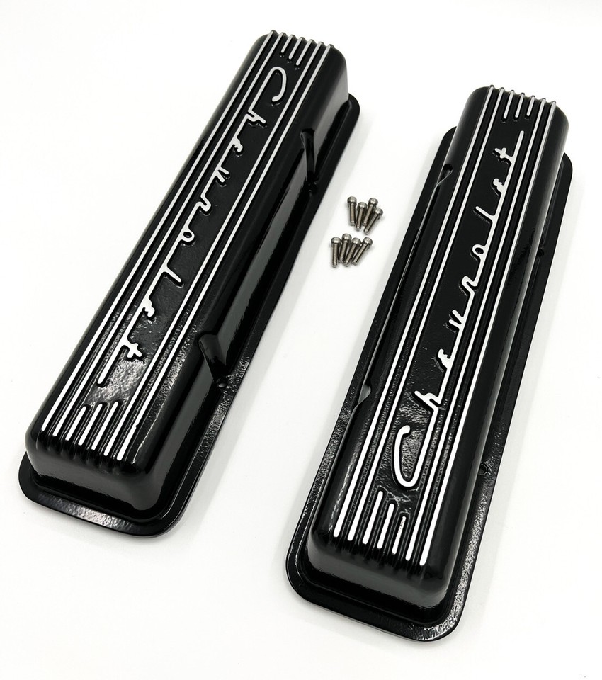 Black Finned "Chevrolet" Script Valve Covers For Small Block Chevy - No ...