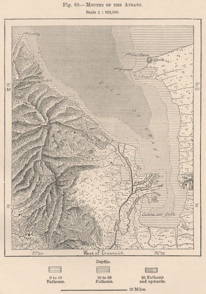 Mouths of the Atrato. Gulf of Uraba. Turbo. Colombia 1885 old antique ...