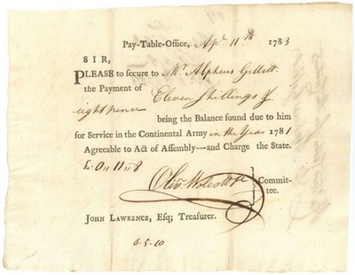 Pay Order Signed by Oliver Wolcott Jr. - 1780's dated War Payment Order ...