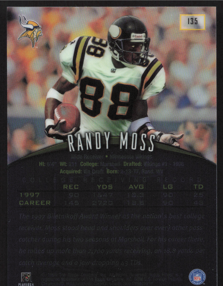 1998 Topps Football Finest Randy Moss No Protectors #135 RC Minnesota ...