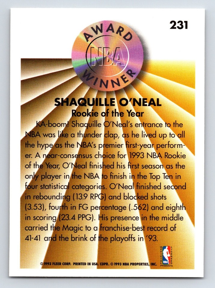 Shaquille Shaq O'Neal 1993-94 Fleer Award WInner - Rookie of the Year ...