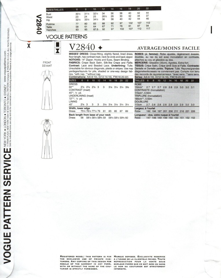 Bellville Sassoon Evening Dress Sewing Pattern U-Pick Size 6-22 Vogue ...