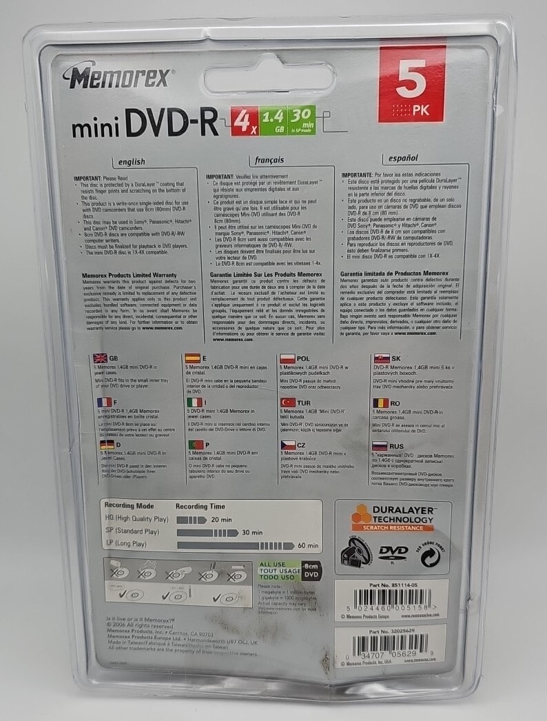 3 Pack Memorex Mini DVD-R Discs for DVD Camcorders or PC - 30min 1.4GB ...