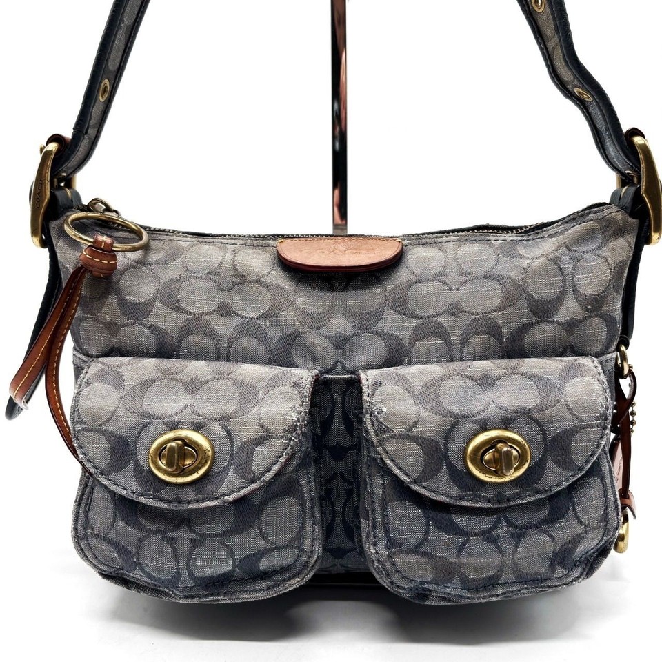 COACH Y2K Denim Canvas Double Turnlock Shoulder Bag Black Brown Unisex ...