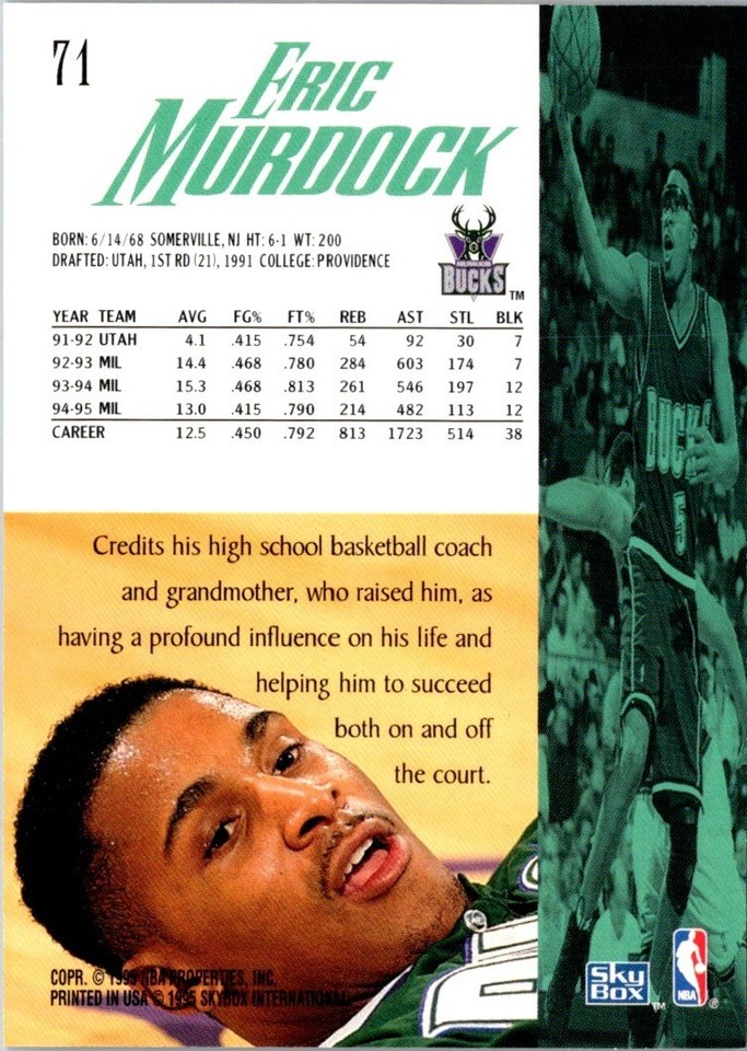 1995 SkyBox Premium Eric Murdock #71 Milwaukee Bucks Basketball Card | eBay