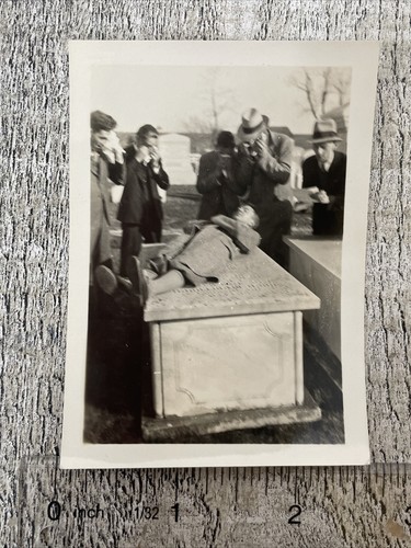 Vintage Snapshot Black & White Photo Unusual Man Laying on Grave Tomb ...