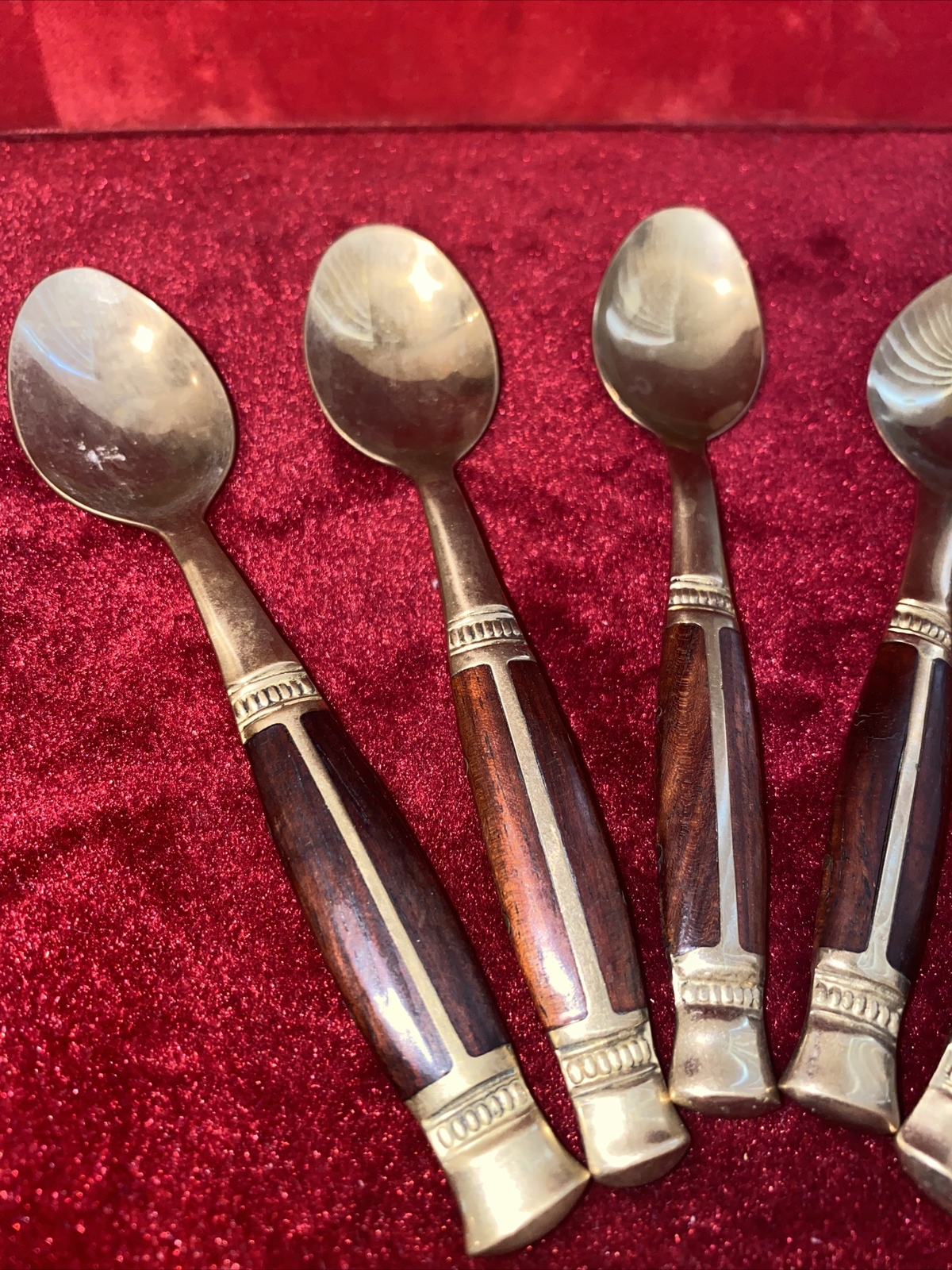 Vintage Small Demitasse Tea Spoons Brass Teak Inlaid Wood Thailand Set ...