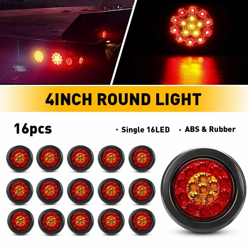 16X 4" Red&Amber Round LED Brake Stop Indicator Turn Signal Lamp Brake ...