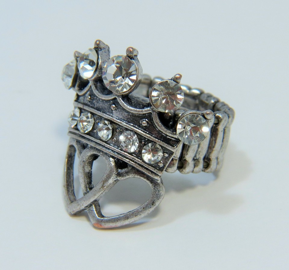 Gothic Emo Antiqued Silver Crystal Bling Crown over Entwined Hearts ...