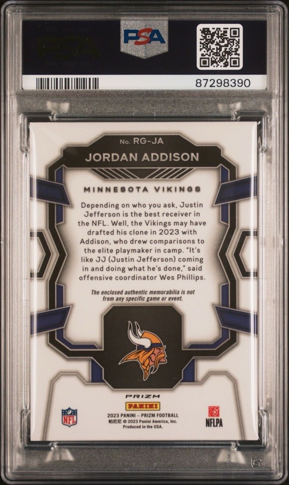 2023 Prizm Jordan Addison Rookie Gear Pink Prizm Jersey RC #RG-JA - PSA ...
