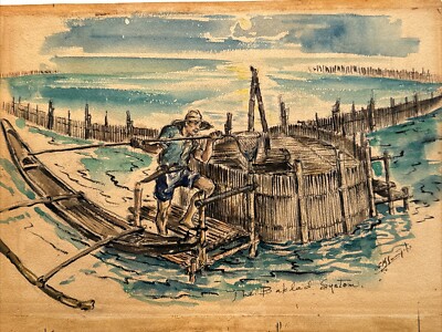 TUNISIAN PAINTING FISHERMAN BAKLAD SYSTEM ANTIQUE MID CENTURY ...