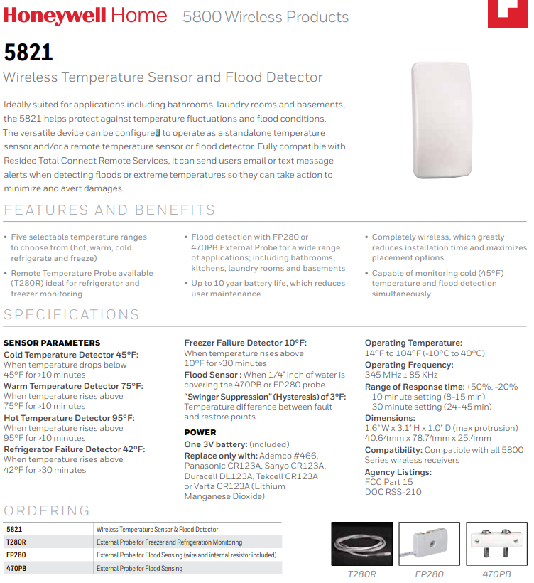 Honeywell 5821 Wireless Temperature Sensor & Flood Detector NEW FRESH ...