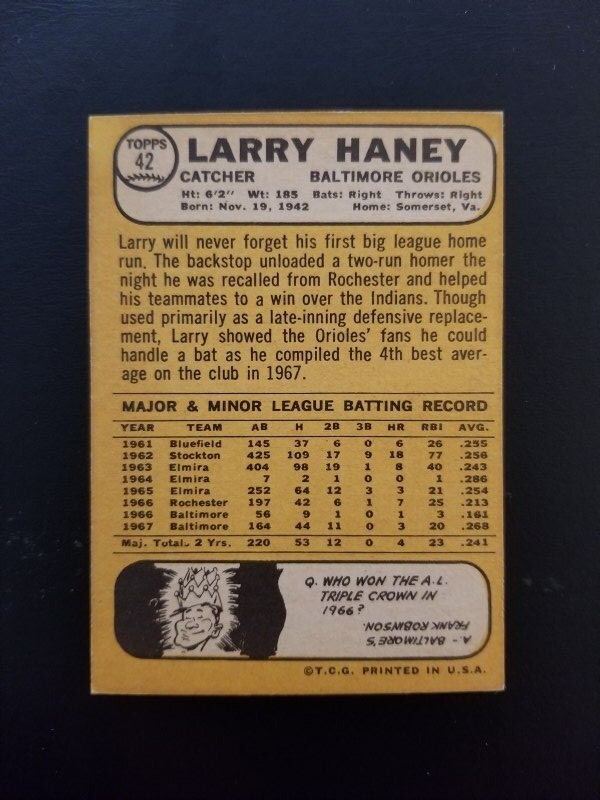 LARRY HANEY 1968 TOPPS BASEBALL #42 BALTIMORE ORIOLES | eBay