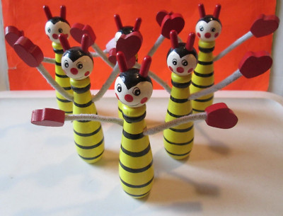 lot OF 6 CUTE WOOD Wooden YELLOW Bumble Bee BOWLING PINS TOY W PIPE ...