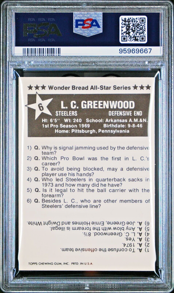 L.C. GREENWOOD Pittsburgh Steelers 1975 Wonder Bread #6 PSA 7 NM Pop 10 ...