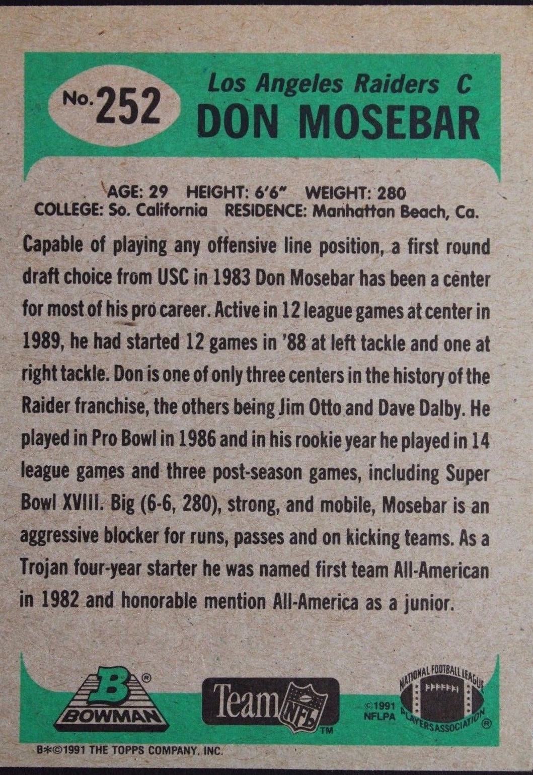 Don Mosebar Raiders S California Autograph 1991 Bowman Topps #25 Signed ...