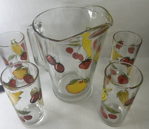 Vintage Crisa by Libbey Glass Pitcher Hand Decorated Fruit Pattern With ...