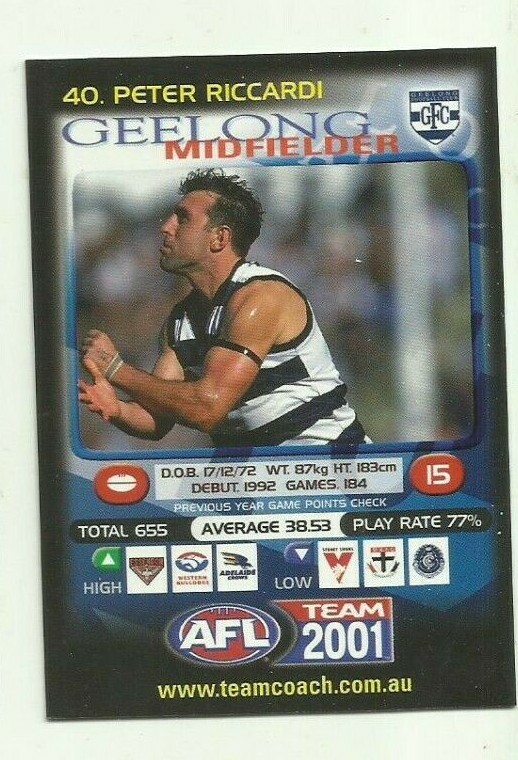 2001 AFL TEAMCOACH GEELONG PETER RICCARDI 40 CARD FIRST SERIES | eBay ...