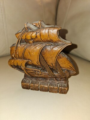 Antique Repwood Syrocco Wood Bookend Sailing Ship Galleon Schooner 6 ...