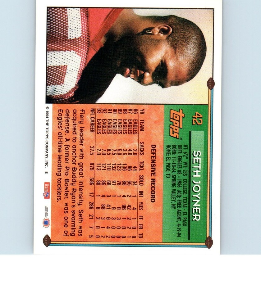 Seth Joyner 42 Eagles 1994 Topps NFL Football Trading Card | eBay