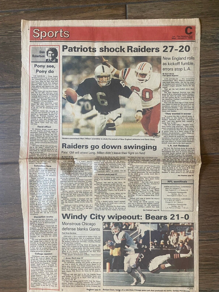 HOUSTON POST NEWSPAPER-1/6/1986-PATRIOTS def RAIDERS 27-20 | eBay