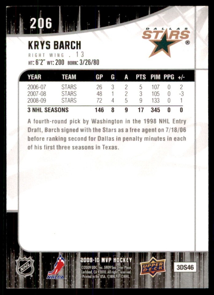 2009-10 Upper Deck MVP Krys Barch Dallas Stars #206 LP | eBay