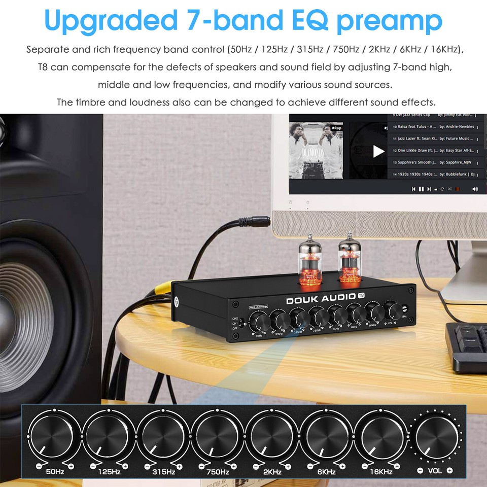 Douk Audio T8 7-band EQ Tube Equalizer Preamp RCA/XLR Pre-Amplifier for ...
