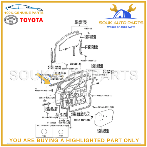 68160-52010 Genuine Toyota WEATHERSTRIP ASSY, FRONT DOOR GLASS, OUTER ...